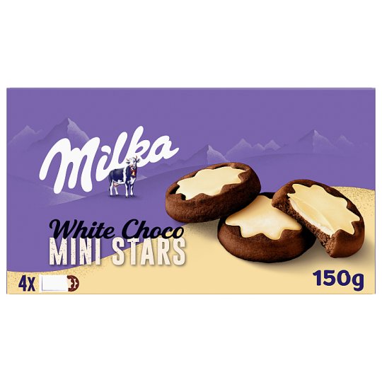 Milka White Choco Mini Stars kakaové sušenky, mléčná náplň a bílá ...