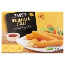 Tesco Quick Frozen Mozzarella Sticks with Red Pepper Dip 250 g - Tesco ...